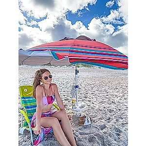 AMMSUN 7ft Heavy Duty HIGH Wind Beach Umbrella with sand anchor & Tilt Sun Shelter, UV 50+ Protection Outdoor Sunshade Umbrellas Carry Bag for Patio Garden Pool Backyard Multicolor Red
