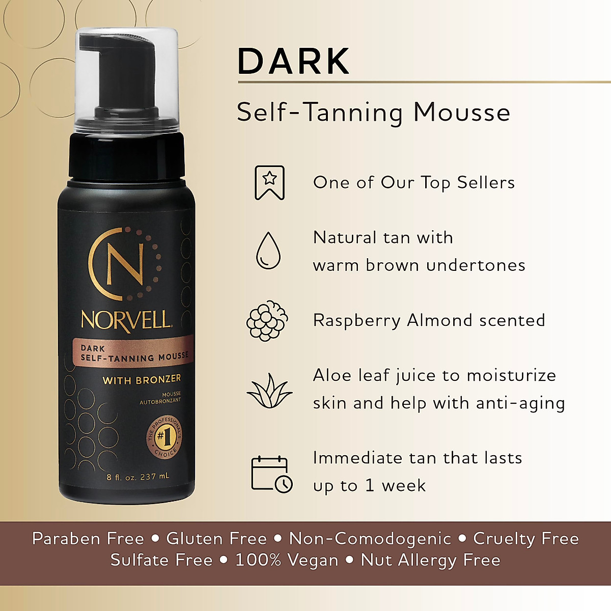 Norvell Sunless Self Tanner Mousse with Bronzer - Instant Natural Looking Bronzing Glow, 8 fl.oz.