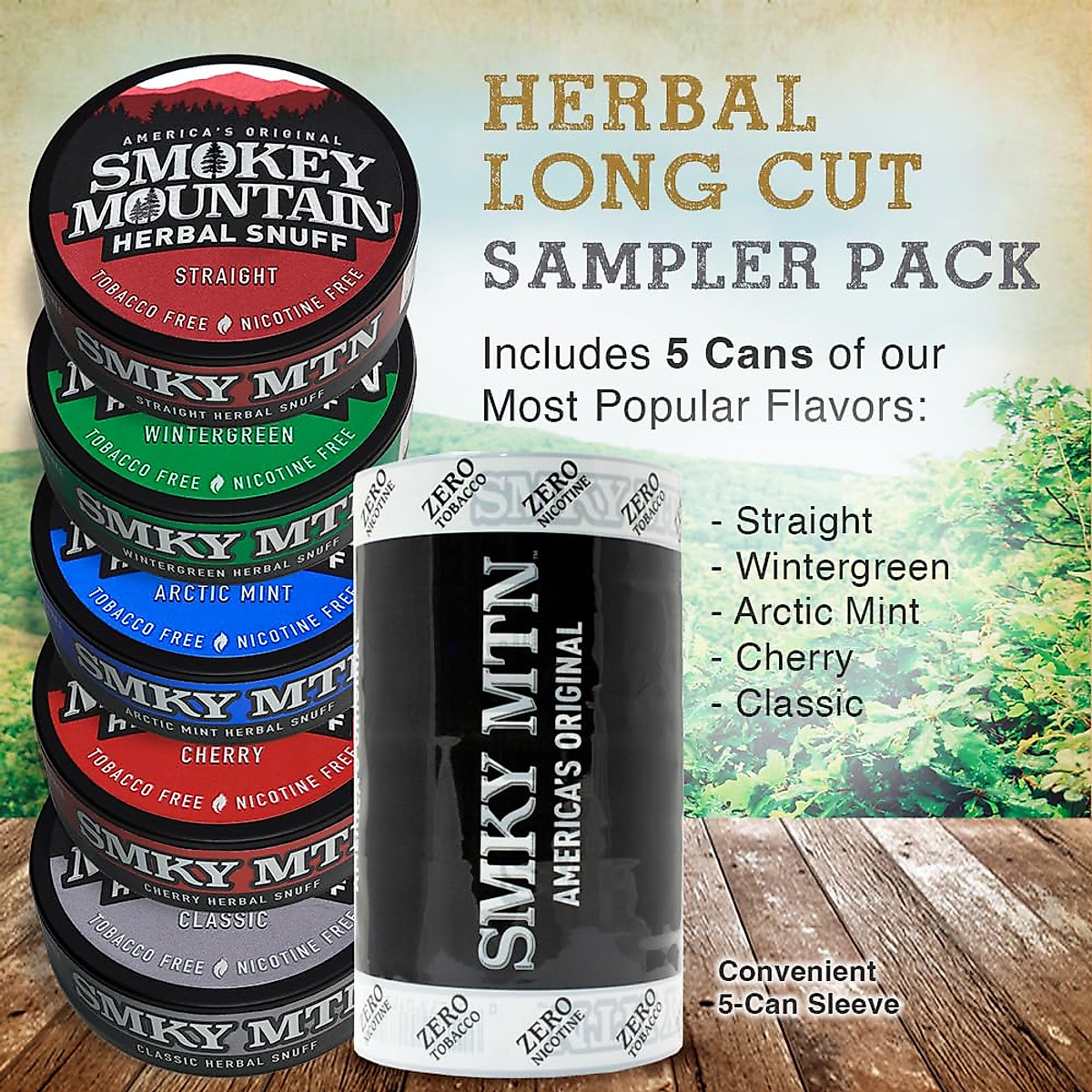 Smokey Mountain Herbal Long Cut – 5 Can Sampler Box - Straight, Classic, Wintergreen, Arctic Mint & Cherry - Tobacco Free and Nicotine Free Snuff