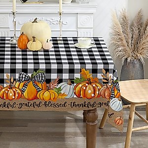 cusugbaso Thanksgiving Tablecloth 60x84 Inch Rectangle - Black Plaid Pumpkins Fall Decorations for Home - Water Resistant Harvest Fall Table Cloth Rectangle for Party, Dinning, Home