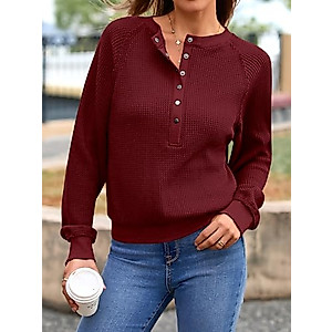 PRETTYGARDEN Women Drop Shoulder Long Sleeve Sweatshirt Fall v Neck Oversized Crop Pullover Winter Waffle Knit Henley Tops Button Down Shirt (Jujube Red, XX-Large)