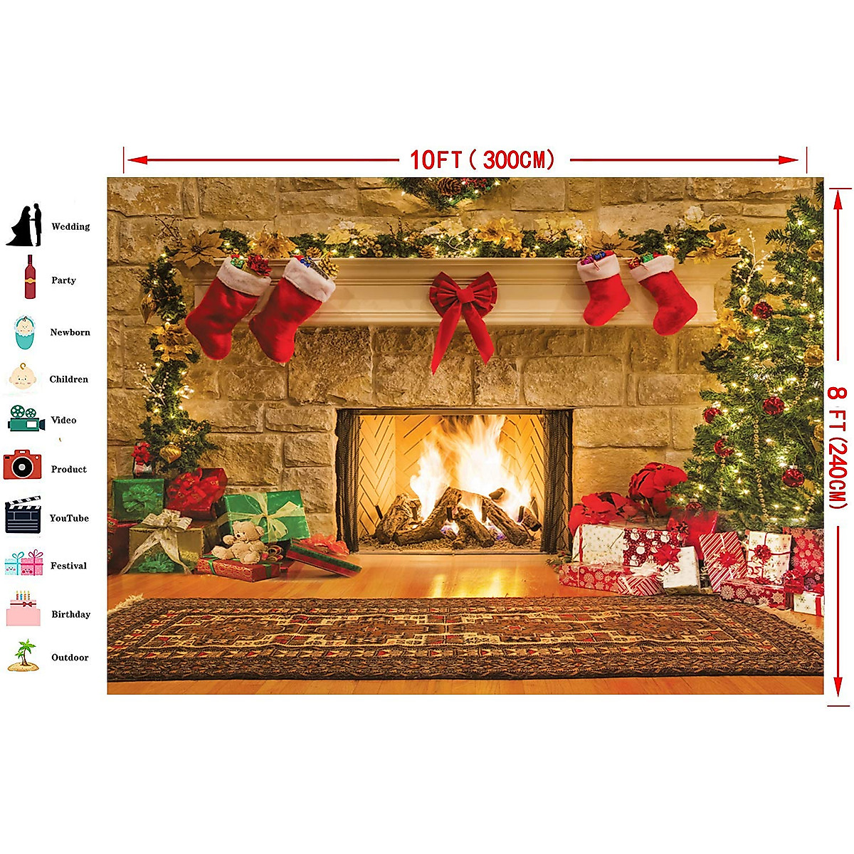 CYLYH 10x8ft Christmas Photography Backdrops Child Christmas Fireplace Decoration Background for PhotoChristmas Party Background D087