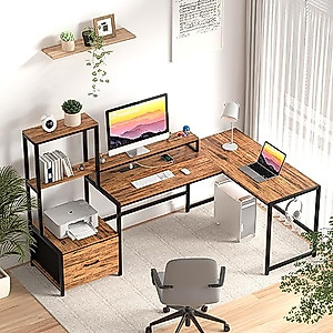 GreenForest 70 in L Shaped Desk with Drawers and Printer Stand and Queen Size Bed Frame Easy Quick Assembly