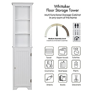 UTEX 64" Freestanding Storage Cabinet, Bathroom Tall Cabinet with Doors and Shelves, Free Standing Linen Tower, Home Storage Furniture,White