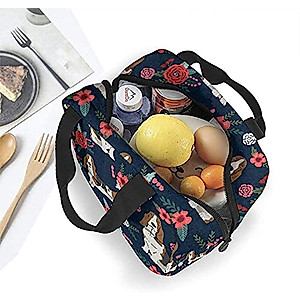 Lunch Bag Basset Hound Floral Dog Dog With Flowers Navy Blue Lunch Box Insulated Bag Tote Bag For Men/Women Work Travel