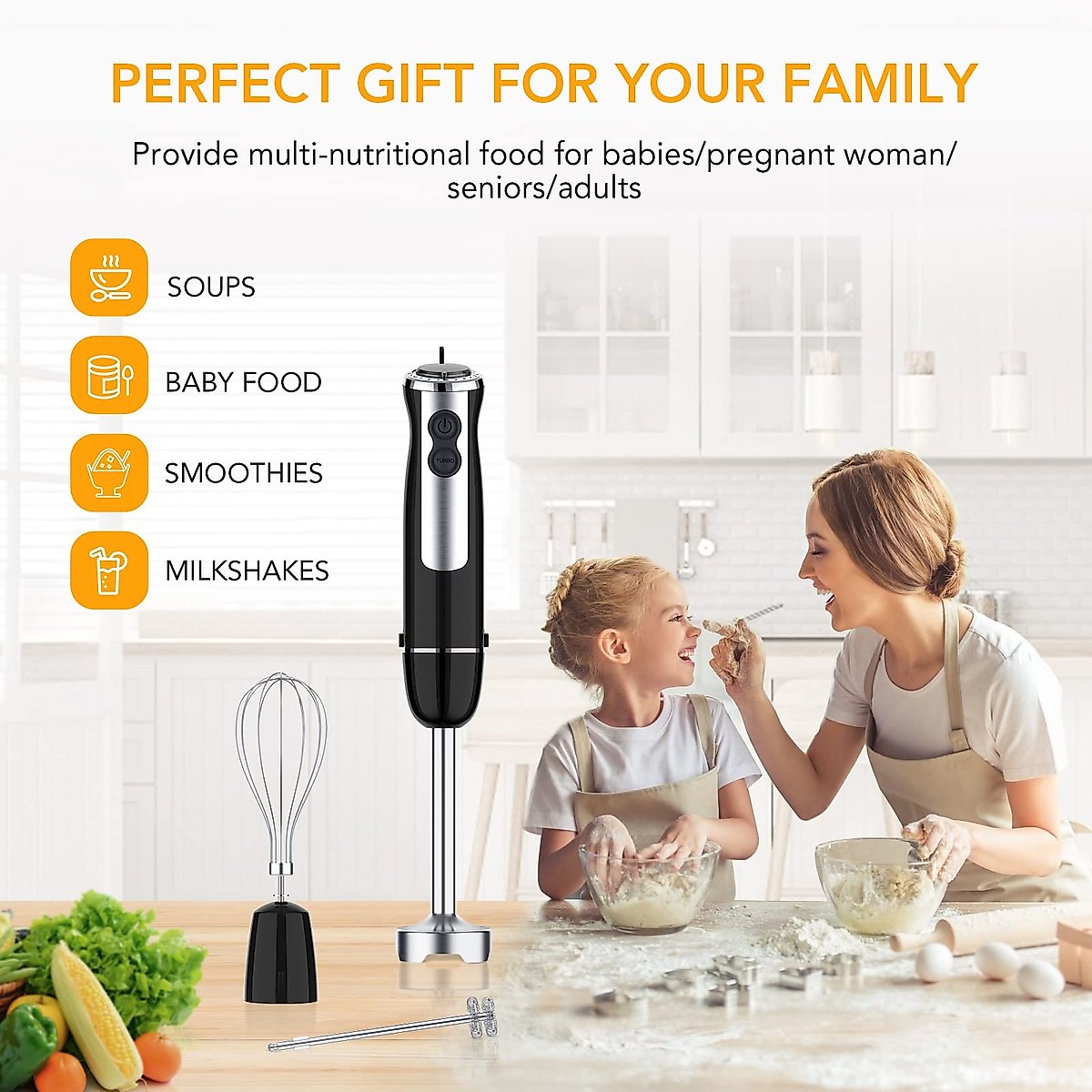 Adoolla 5-in-1 800 Watt Immersion Hand Blender Multi-Purpose, Stainless Steel 12 Speed and Turbo Mode Hand Mixer, 600ml Mixing Beaker, BPA-Free with Whisk, Milk Frother Attachments
