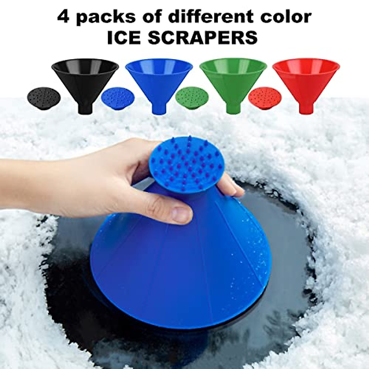 KONON ONE Magical Car Ice Scraper, 4 Packs Ice Scrapers for Car Windshield, 2 in 1 Multifunctional Snow Grass Ice Scraper with Funnel, Cone-Shaped Car Snow Remover, Gift for Chrismas Thanksgiving