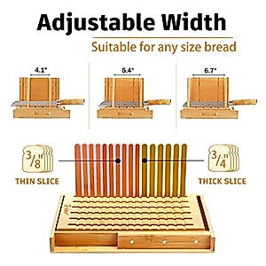 Bread Slicer for Homemade Bread, Adjustable Thickness and Width Slicing Guides, Plug in Slicer Guide Design, with Crumb Tray, Damascus steel pattern knife, for Cakes, Bagels