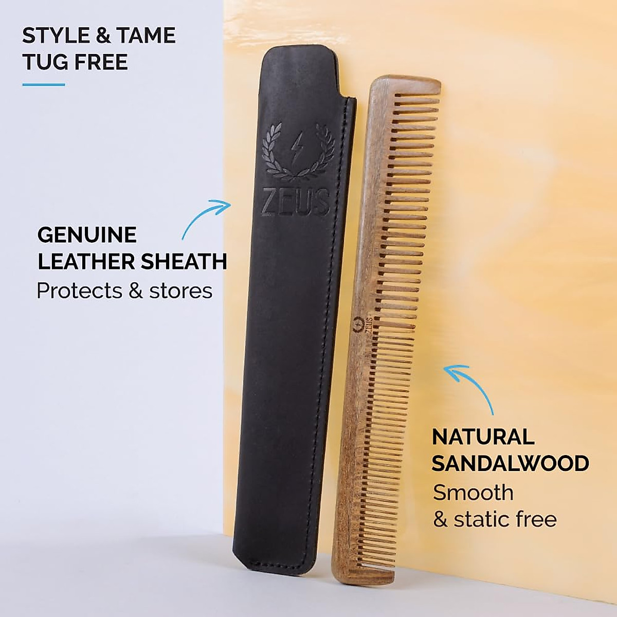 ZEUS Sandalwood Beard & Mustache Comb with Leather Case, Long Handmade Saw-Cut & Anti-Static Hair Comb (L31)