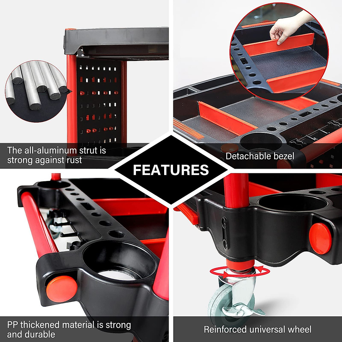 Ulable Auto Detailing Tool Cart, 3-Tier Utility Rolling Shop Cart with Side Hanging Plate and Hooks, Car Washing Cleaning Cart Organizer for Storing Your Tools, Tool Carts for Beauty Shop and Workshop