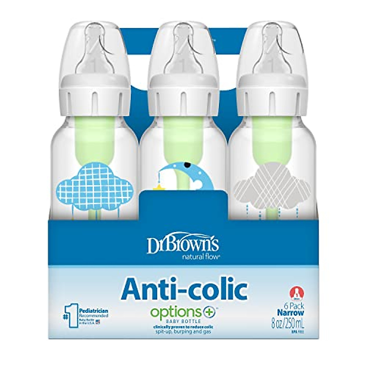 Dr. Brown’s Natural Flow® Anti-Colic Options+™ Narrow Baby Bottles 8 oz/250 mL, with Level 1 Slow Flow Nipple, 6 Pack, 0m+ Moon/Clouds Gift Set
