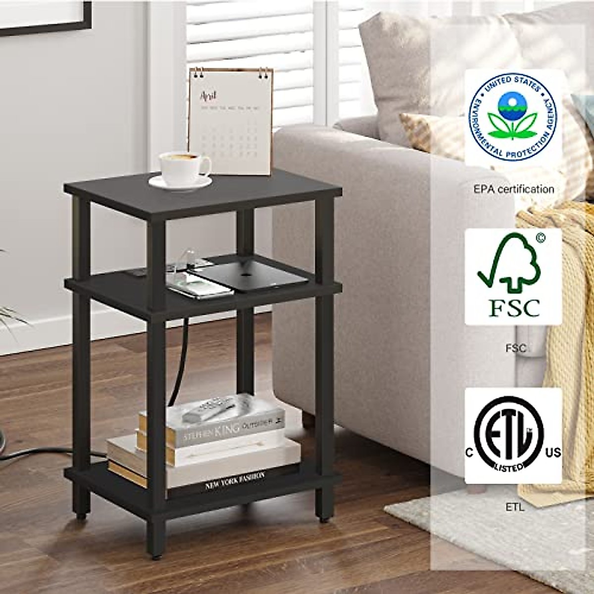 TUTOTAK End Table with Charging Station, Side Table with USB Ports and Outlets, Nightstand, 3-Tier Storage Shelf, Sofa Table for Small Space TB01BK042