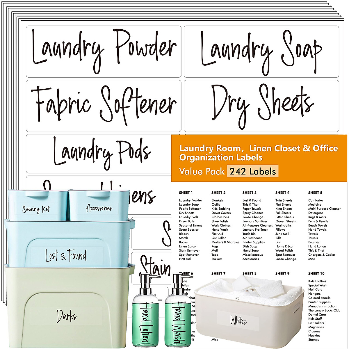 242 Pcs Laundry Room Organization Labels Printed Customizable Water Resistant Stickers with Perforation Line in Various Sizes for Bathroom Laundry Closet Farmhouse Containers Bins