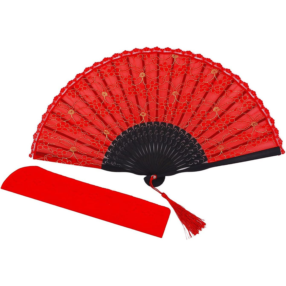 Womens Multi Color Handmade Cotton Lace Folding Hand Fan (Black-A) (Red-a)