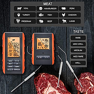 Wireless Meat Thermometer for Grilling Smoking - Kitchen Food Cooking Candy Thermometer with 3 Probes - Monitor Ambient Temperature Inside The Grill Smoker BBQ Oven Thermometer, 490ft,Digital