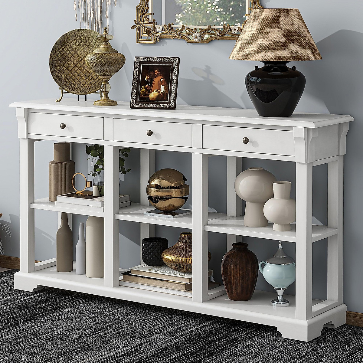 Merax Console Table/Sideboard with Ample Storage, Open Shelves and Drawers for Living Room, Antique White
