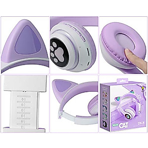 Wireless Headphones TCJJ Cat Ear LED Light Up Bluetooth Foldable Headphones Over Ear w/Microphone for Online Distant Learning (Purple)
