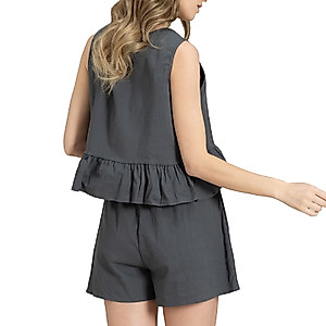 FIHCH Linen Sets for Women 2 Piece Casual Tracksuit Outfit Sets 3/4 Sleeve Shirt Drawstring Shorts Pockets 2 Piece Lounge Set