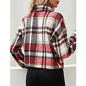 UANEO Womens Cropped Plaid Shacket Brushed Button Down Casual Flannel Shirt Jacket (Red, Large)