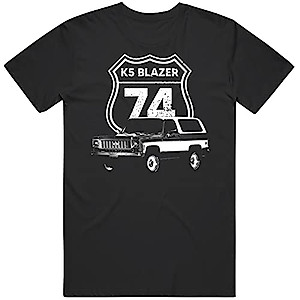 1974 K5 Blazer Front Three Quarter View with Highway Sign T Shirt XL Black