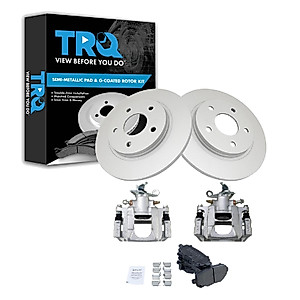 TRQ Rear Brake Pad & Rotor Kit Brake Caliper Brake Pads Brake Rotor Semi-Metallic Premium G-Coated Compatible with 2009-2013 Dodge Journey