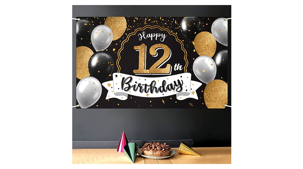 Nelbiirth Happy 12th Birthday Banner - Elegant Black & Gold Decor