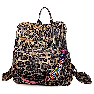 Women Backpack Purse Fashion Travel Bag Multipurpose Designer Handbag Ladies Satchel PU Leather Shoulder Bags (Leopard Brown)