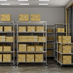 Metal Storage Shelves with Wheels, NSF Shelving Unit 60 X 18 X 72, 1325 Lbs Capacity, 5 Tier Heavy Duty Wire Shelving Rack, Commercial Metal Shelves for Storage, Garage, Pantry, Kitchen, Chrome