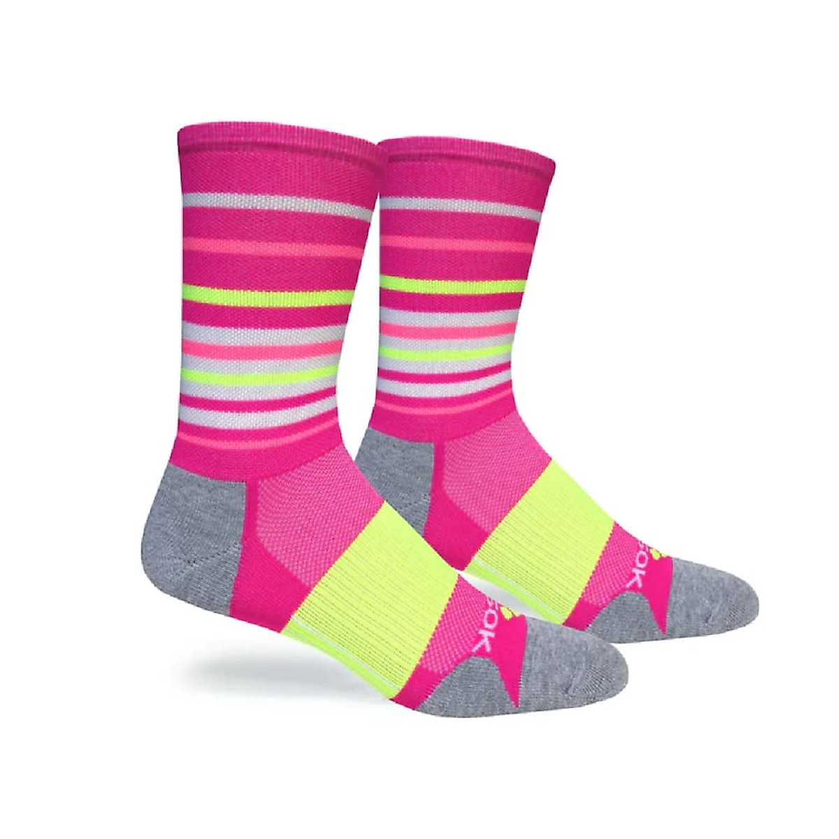 Fitsok Unisex CF2 Hyper-Stripe Crew Running Socks (Medium, Neon Pink/Yellow)