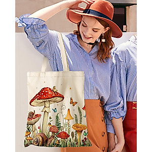 Miss Adola Aesthetic Canvas Tote Bag with Inner Pocket for Women Unique Funny Pattern Design Casual Sturdy Cloth Cotton Totes Bag with Pattern for Vacation, Shopping, Work, Gym - Mushroom Forest