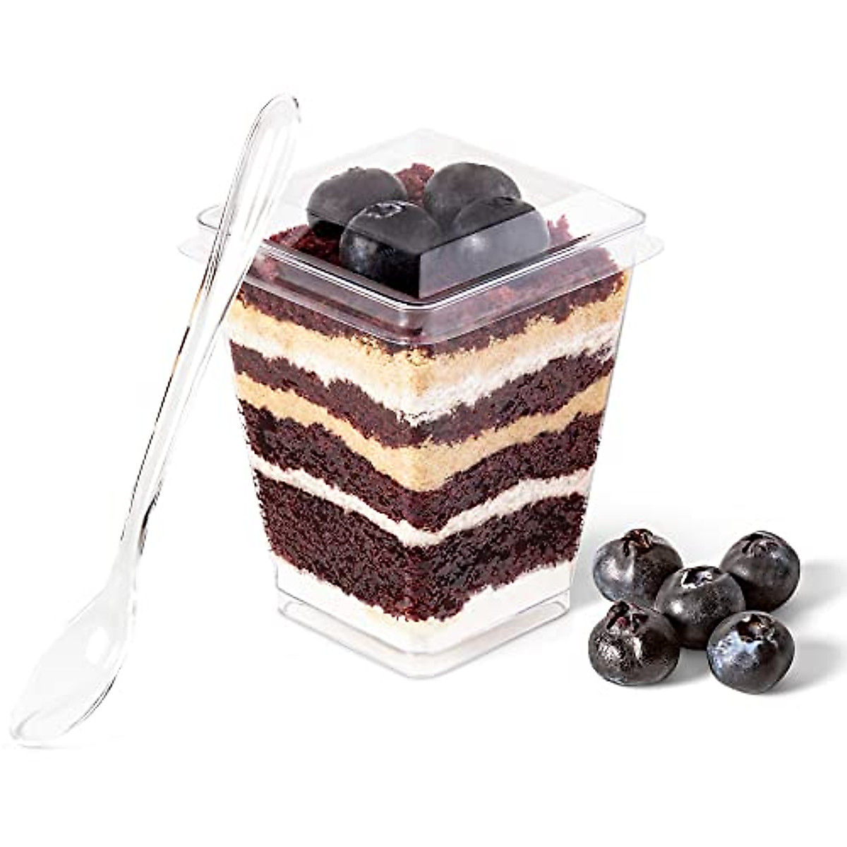 PutFest 50 Pack - 5 oz Clear Plastic Dessert Cups with Lids & Spoons - square plastic cups Parfait cups fruit cups with lid - Appetizer cups Clear plastic cups with lids - Mini dessert cups with lids