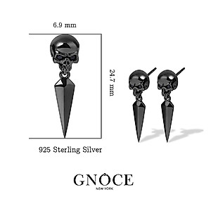 Gnoce Skull Earring Sterling Silver Black Dangle Earrings with Black Awl Fashion Drop Earrings Jewelry Gift for Women Men