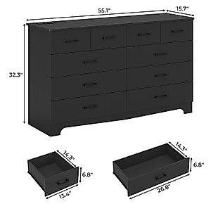 Hasuit 10 Drawers Dresser for Bedroom, Large Chest of Drawers with Charging Station, 55.1'' Wide Storage Clothes Closet Organizer, Long Dresser TV Stand for Living Room, Black