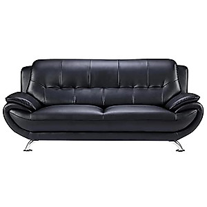 Benjara Leatherette Upholstered Wooden Sofa with Bustle Back and Stainless Steel Legs, Black