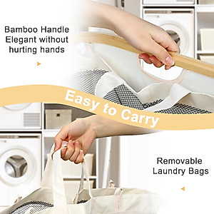 Bellzacasa Double Laundry Hamper with Lid, 145L Large Collapsible Hampers for Laundry with Removable Laundry Bags, Divided Dirty Clothes Laundry Basket for Laundry Room, Bedroom, Bathroom (Beige)