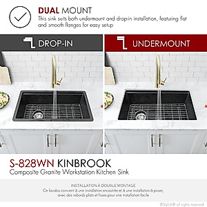 STYLISH 28 x 18 inch Workstation Dual Mount Granite Composite Single Bowl Reversible Kitchen Sink with Regular Strainer, Colander, Drying Rack and Cutting Board (Black) S-828WN