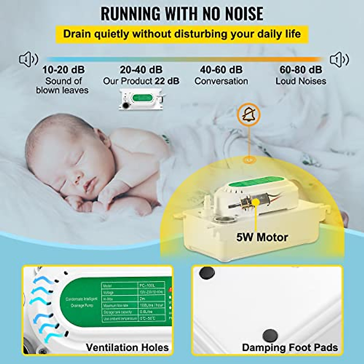 VEVOR Condensate Pump, 6.6 ft/2 m Lift, 110V Removal Drain Pump with 0.63 Qt/0.6 L Water Tank, 5W Automatic Condensation Pump with 100 L/H Flow, for Commercial Ice Makers of Different Types