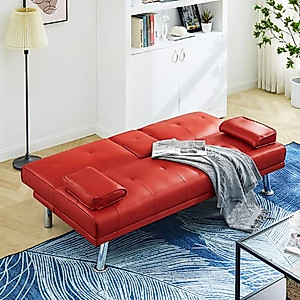 Lamerge Faux Leather Futon Sofa Bed Upholstered Modern Convertible Small Couch Adjustable Sleeper for Compact Living Space,Removable Armrests,Metal Legs,2 Cupholders, Red, 65.7''L x 18.8''W x 29.5''H