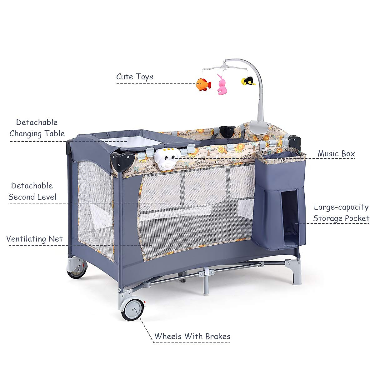 Costzon 3 in 1 Pack and Play, Portable Baby Playard with Bassinet, Changing Table, Music Box, Wheels & Brake, Basket, Carry Bag, Co-Sleeper Bassinet Compact Travel Crib for Indoor Outdoor Use Grey