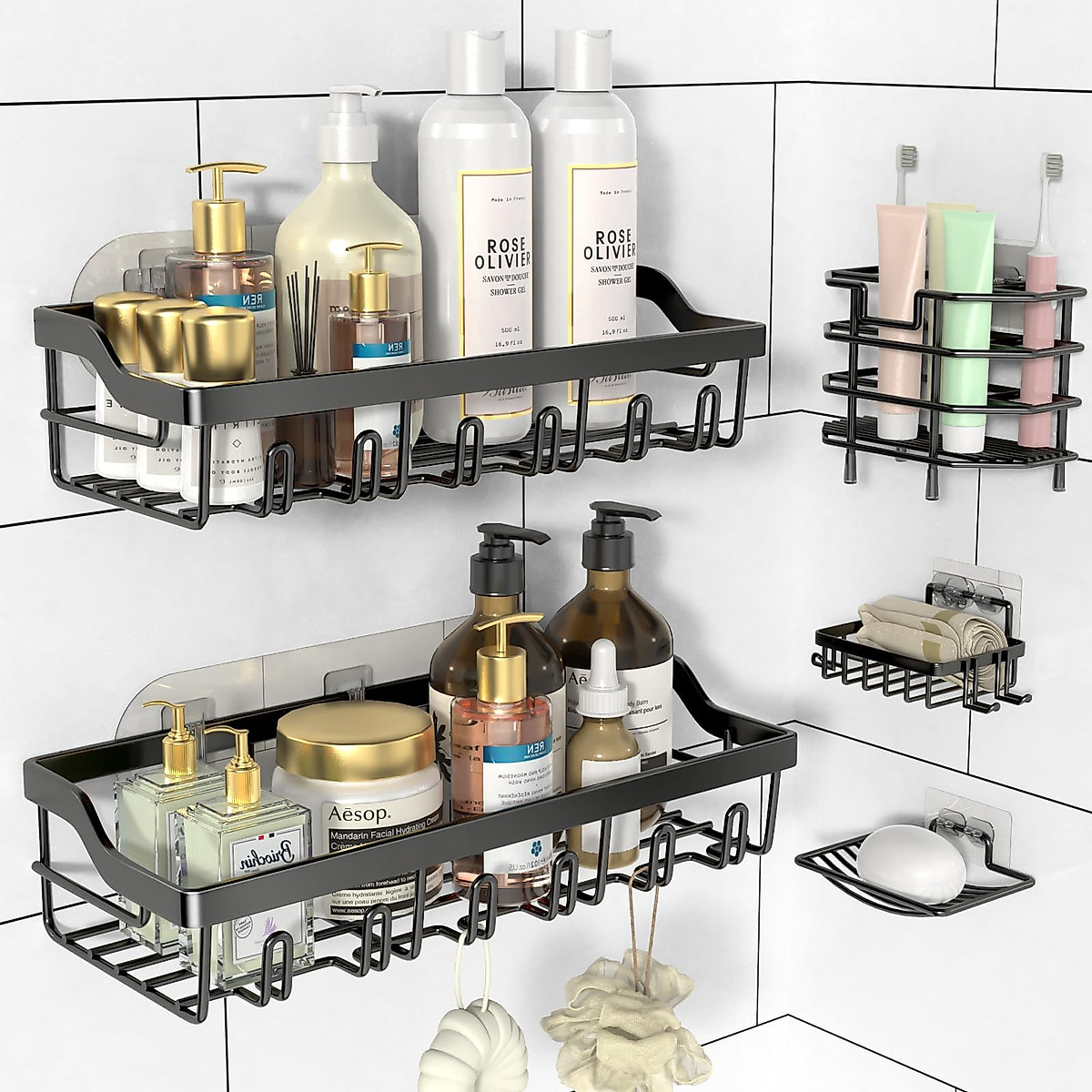 Hsiohe 5 Pack Shower Caddy, Adhesive Shower Organizer for Bathroom Storage, Rustproof Stainless Steel Shower Shelves, No Drilling Large Capacity Shower Rack Shelf for Inside Shower, Black