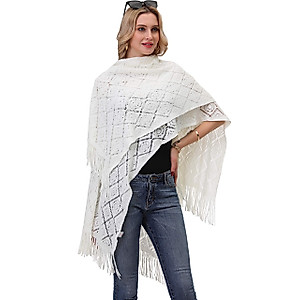 Knit Shawl Wrap for Women - Soul Young Ladies Fringe Knitted Poncho Cardigan Cape(One Size,Cream White Block)