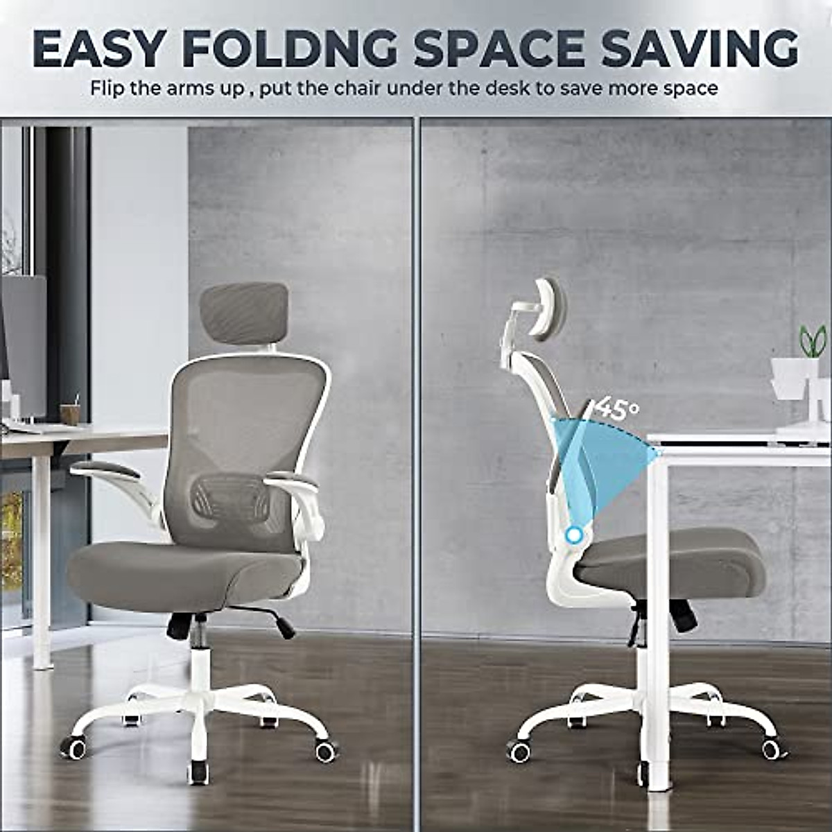 COLERLINE Home Office Chair Ergonomic Swivel Task Desk Chair Adjustable Headrest with Flip-Up Arms, Tilt Function, Lumbar Support & PU Wheels, Swivel Computer Task Chair for Men Women Adults 300lbs