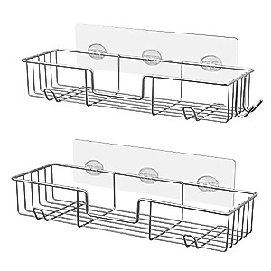 AmazerBath Adhesive Shower Caddy Basket Rack with Hooks, Shower Shelf Wall Mounted, No Drilling Shower Organizer for Bathroom, Rustproof Stainless Steel, 2 Pack, Chrome