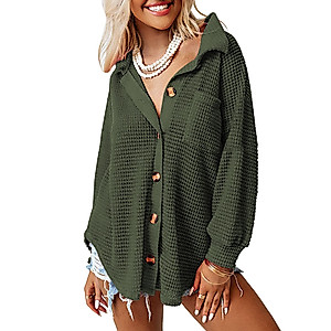 AUTOMET Womens Fall Cothes 2025 Fashion Country Concert Outfits Waffle Knit Shackets Corduroy Jackets Button Down Shirts Tops ArmyGreen L