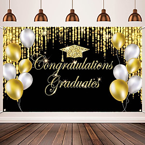 Black Gold Congrats Grad Banner Backdrop for Class of 2022 Party Decorations Supplies Graduation Photo Background Indoor Outdoor Party Backdrop Banner