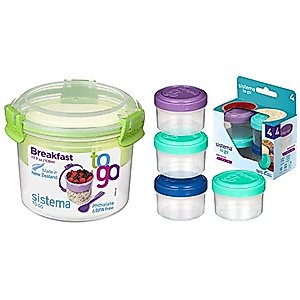 Sistema To Go Collection 1.18 Oz. Salad Dressing Containers, Pink/Green/Blue/Purple, 4 Pack & To Go Collection Breakfast Bowl Food Storage Container, 17.9 oz./0.5 L, Color Received May Vary