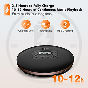 HOTT CD Player Portable with Bluetooth, Portable CD Player, CD-R,MP3 USB Rechargeable Walkman CD Player with Headphones and AUX Cable for Car Travel, Discman CD Player with Shockproof （CD711T）