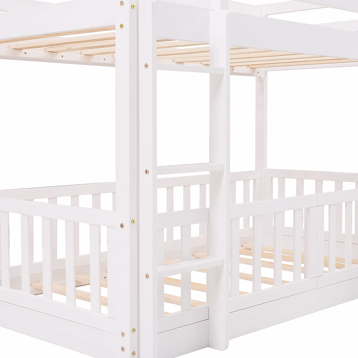 Twin Over Twin Bunk Bed with Slide, Floor Bunk Bed for Kids Toddlers, Wood Low Frame with Ladder and Fence for Boys Girls Teens, White