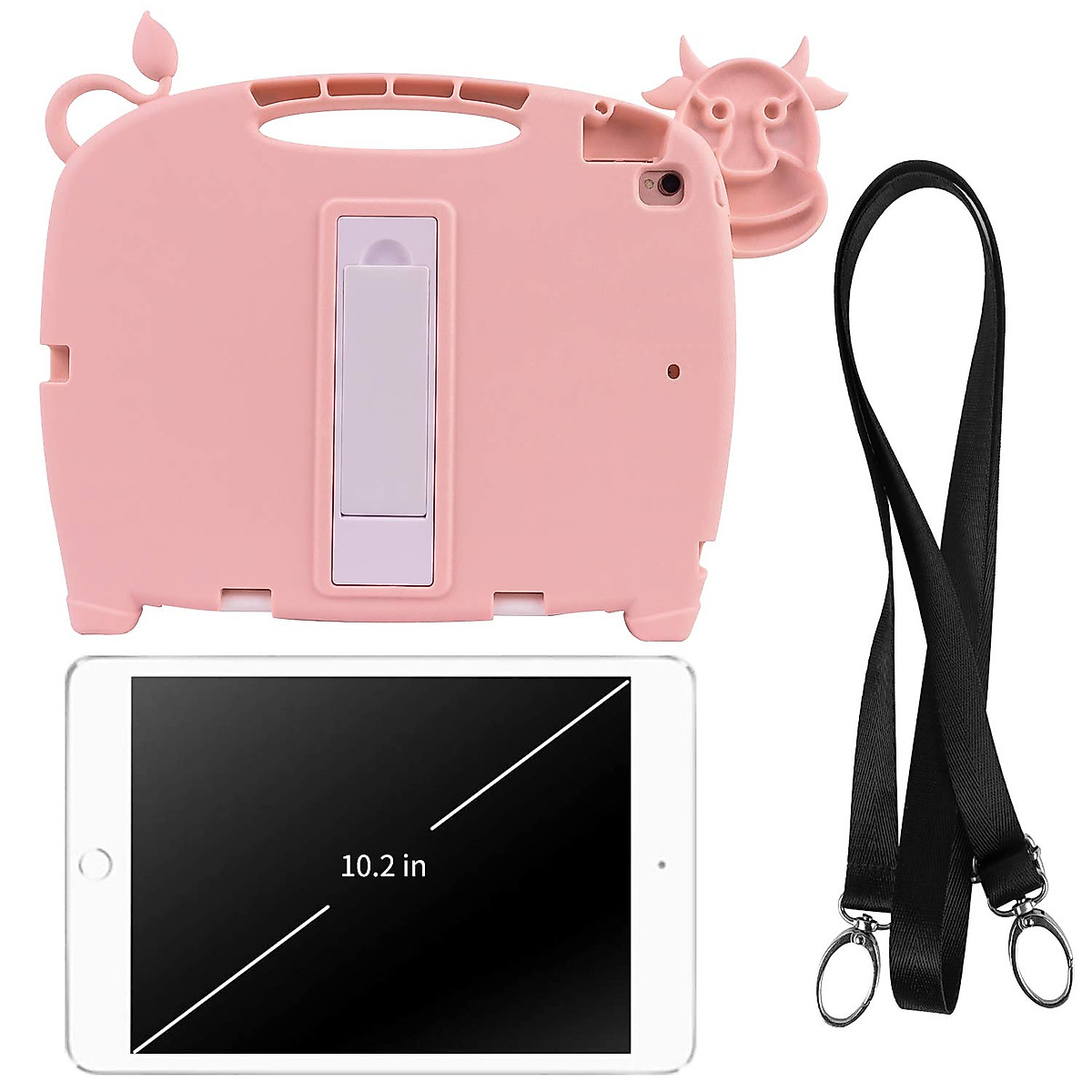 Kids Case for New iPad 9th/8th/7th Generation, iPad 10.2 2021 2020 2019 Case, CHIN FAI Cute Cow Slim Lightweight Shockproof Silicone Handle Stand Protective Cover for iPad 10.2/10.5 Inch (Pink)