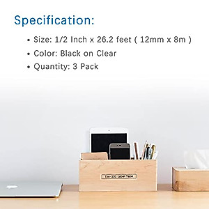 Compatible Clear Label Tape Replacement for Brother P-Touch Clear Label Tape TZe131 TZe-131, Laminated Tze Tape Black on Clear 12mm 0.47 for Ptouch PT-D210 PT-H110 Label Maker, 3 Pack